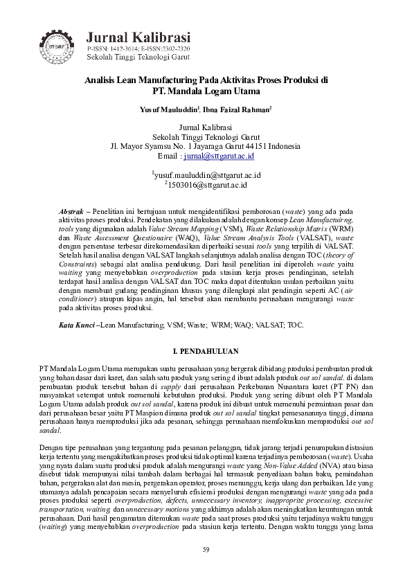 (PDF) Analisis Lean Manufacturing Pada Aktivitas Proses Produksi di PT. Mandala Logam Utama