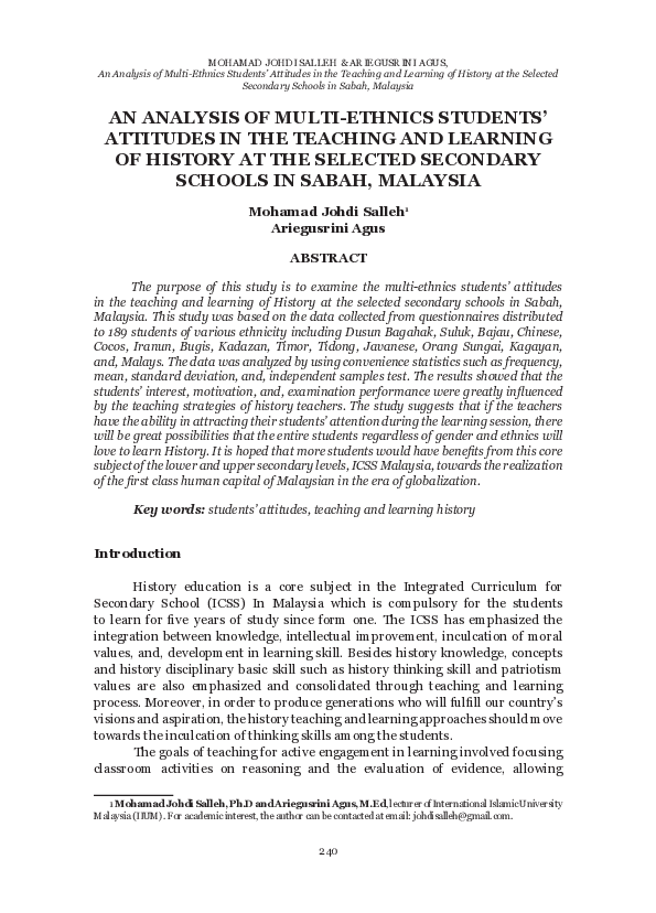 (PDF) An Analysis of Multi-Ethnics Students’ Attitudes in the Teaching and Learning of History ...