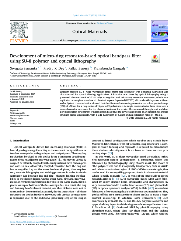 (PDF) Development of micro-ring resonator-based optical bandpass filter using SU-8 polymer and ...