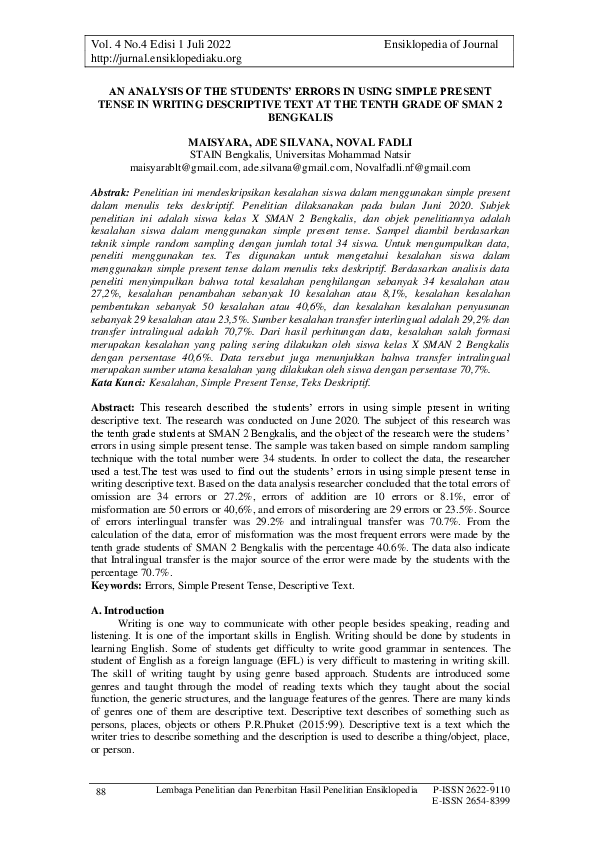 (PDF) An Analysis of the Students’ Errors in Using Simple Present Tense in Writing Descriptive ...