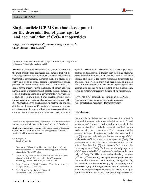 (PDF) Single particle ICP-MS method development for the determination of plant uptake and ...