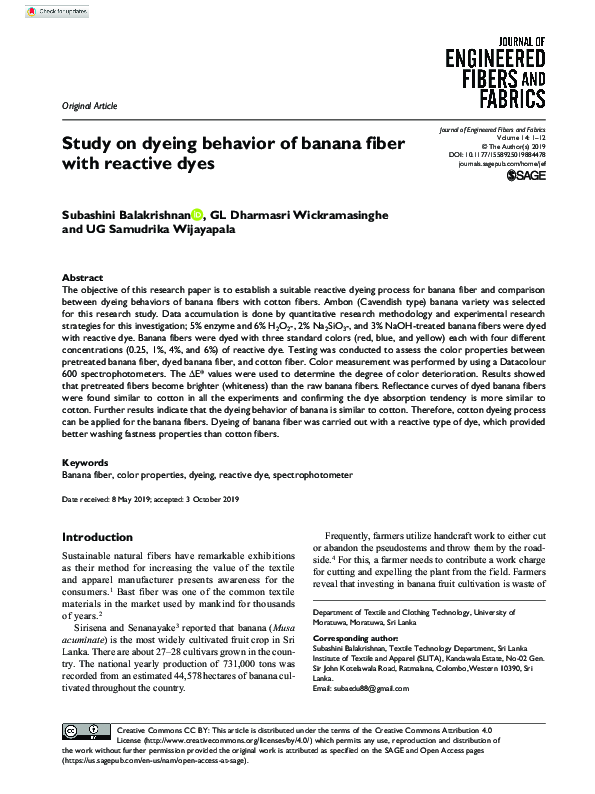 (PDF) Study on dyeing behavior of banana fiber with reactive dyes