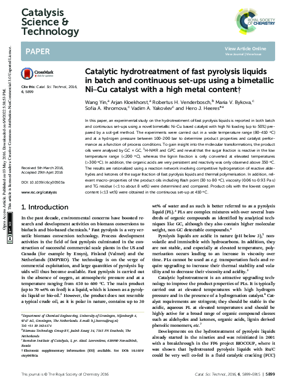 (PDF) Catalytic hydrotreatment of fast pyrolysis liquids in batch and ...