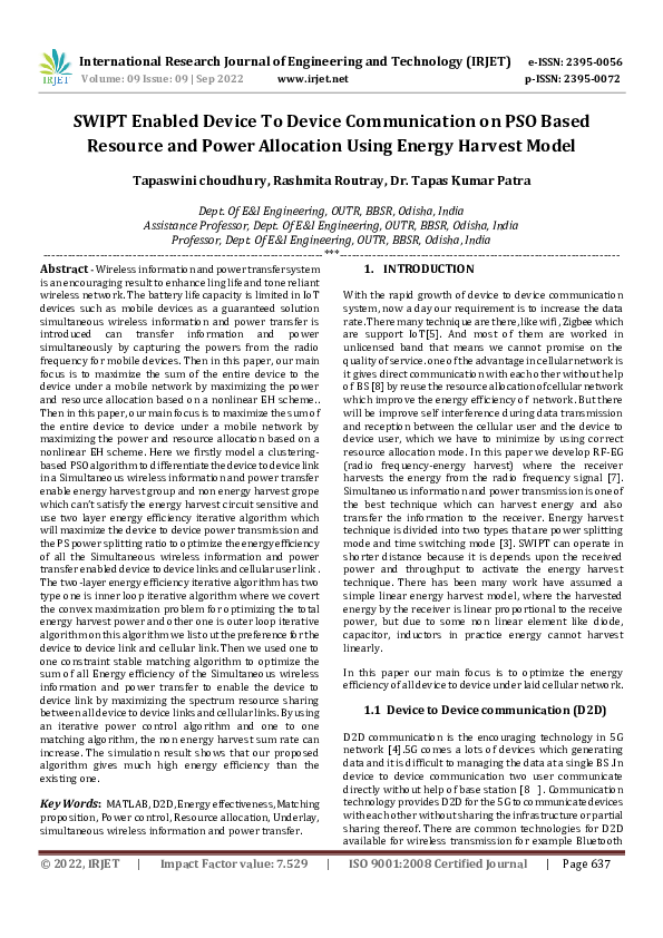 (PDF) SWIPT Enabled Device To Device Communication on PSO Based ...