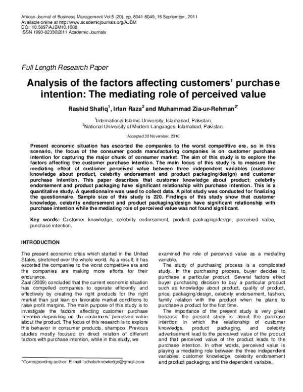 (PDF) Analysis of the factors affecting customers’ purchase intention: The mediating role of ...