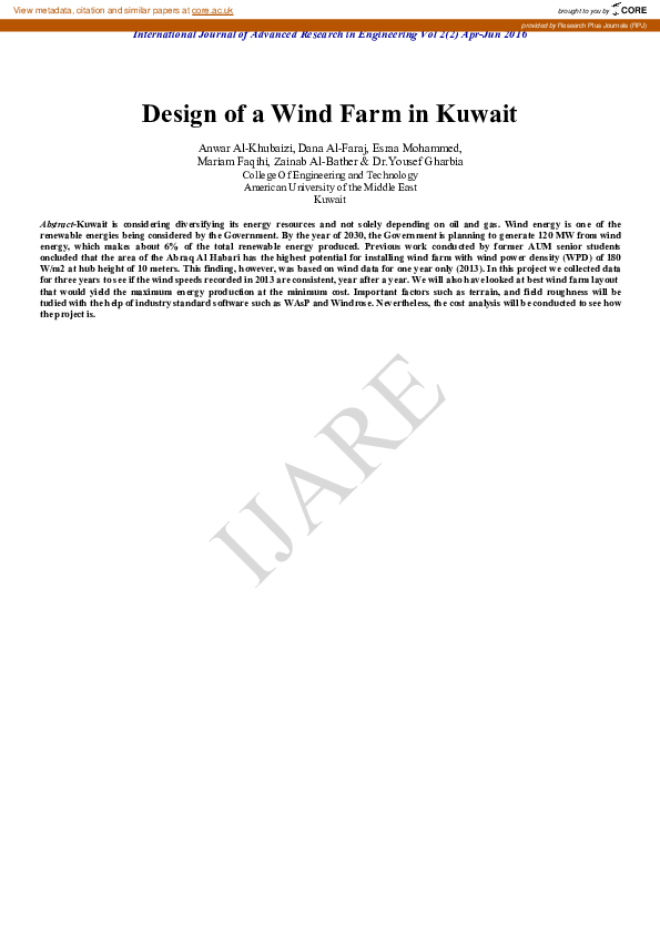 (PDF) Design of a Wind Farm in Kuwait