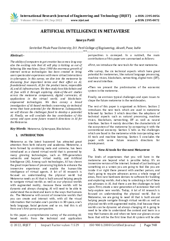 (PDF) ARTIFICIAL INTELLIGENCE IN METAVERSE