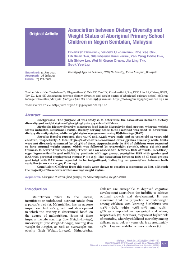 (PDF) Association between Dietary Diversity and Weight Status of ...