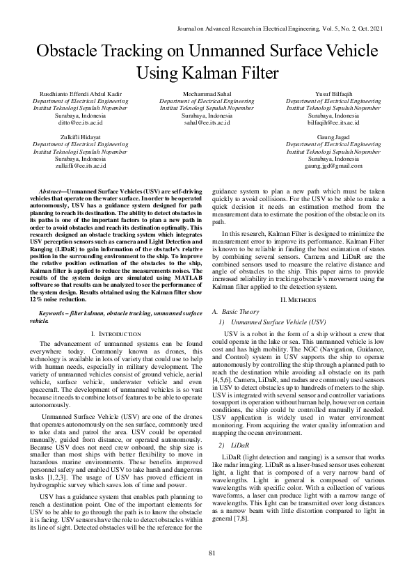 Pdf Obstacle Tracking On Unmanned Surface Vehicle Using Kalman Filter