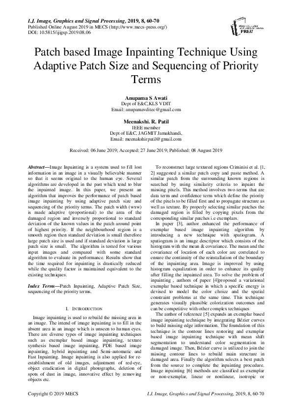 (PDF) Patch based Image Inpainting Technique Using Adaptive Patch Size and Sequencing of ...