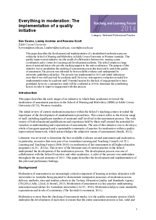 (PDF) Everything in moderation: The implementation of a quality improvement initiative