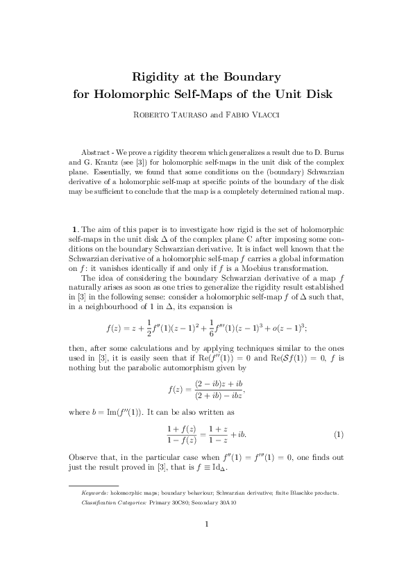 (PDF) Rigidity at the boundary for holomorphic self-maps of the unit disk