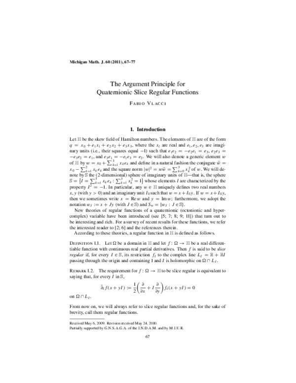(PDF) The argument principle for quaternionic slice regular functions