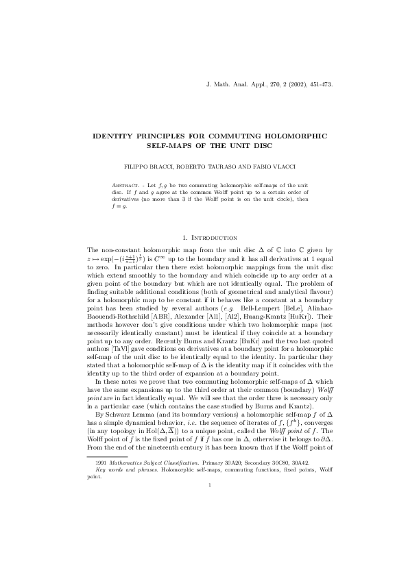 (PDF) Identity principles for commuting holomorphic self-maps of the unit disc