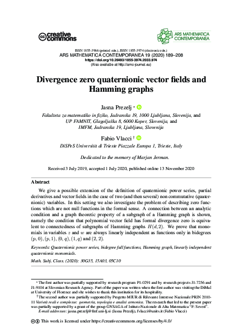 (PDF) Divergence zero quaternionic vector fields and Hamming graphs ...