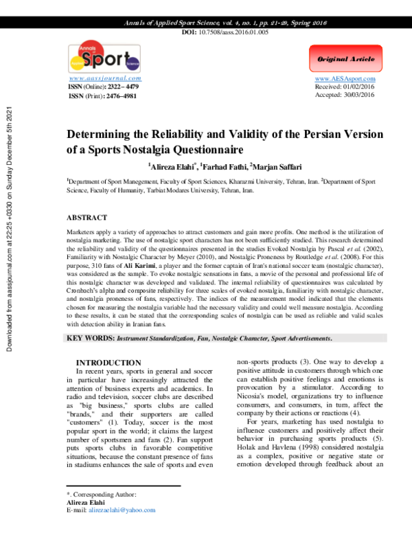 Pdf Determining The Reliability And Validity Of The Persian Version Of A Sports Nostalgia