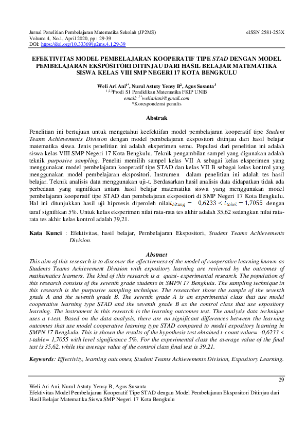 (PDF) Efektivitas Model Pembelajaran Kooperatif Tipe Student Teams Achievement Division Dengan ...