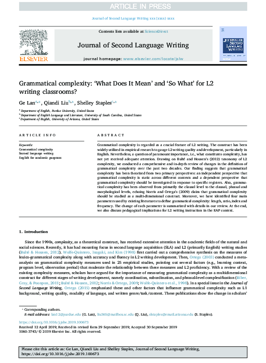 (PDF) Grammatical complexity: ‘What Does It Mean’ and ‘So What’ for L2 writing classrooms?