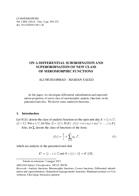 Pdf On A Differential Subordination And Superordination Of A New Class Of Meromorphic Functions