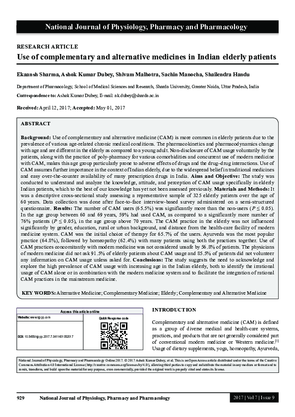 (PDF) Use of complementary and alternative medicines in Indian elderly patients
