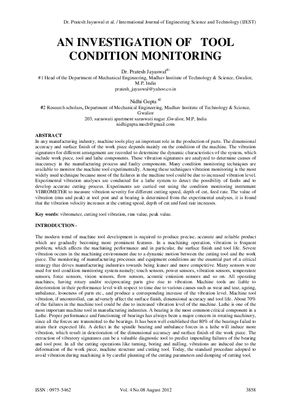 Pdf An Investigation Of Tool Condition Monitoring