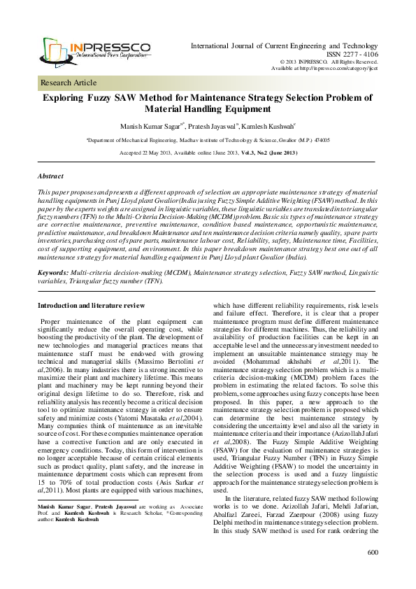 (PDF) Exploring fuzzy SAW method for maintenance strategy selection problem of material handling ...