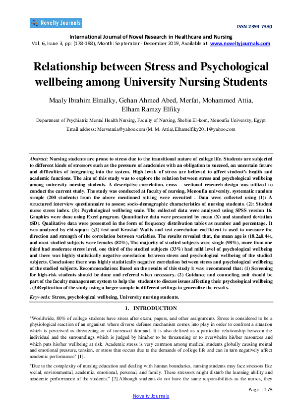 (PDF) Relationship between Stress and Psychological wellbeing among University Nursing Students