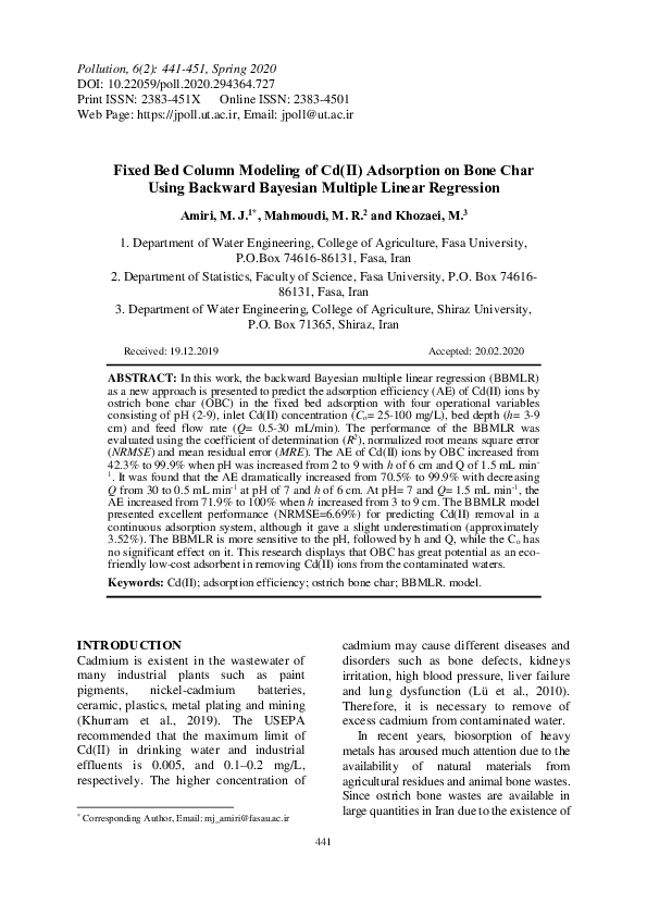 (PDF) Fixed Bed Column Modeling of Cd(II) Adsorption on Bone Char Using Backward Bayesian ...