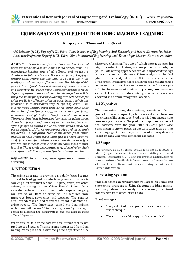 Pdf Crime Analysis And Prediction Using Machine Learning