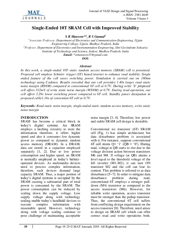 (PDF) Single-Ended 10T SRAM Cell with Improved Stability | R. S. Gamad - Academia.edu