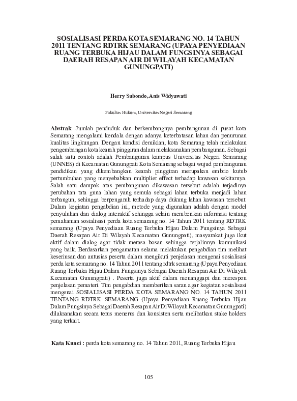 (PDF) Sosialisasi Perda Kota Semarang No. 14 Tahun 2011 Tentang RDTRK Semarang (Upaya Penyediaan ...