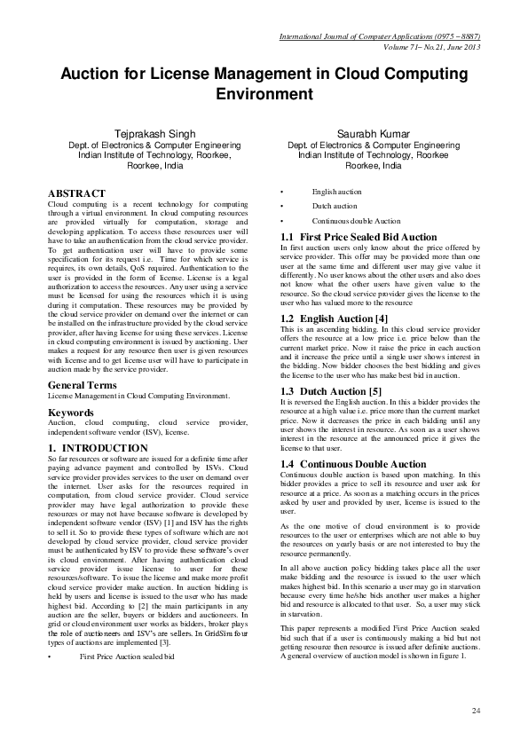 (PDF) Auction for License Management in Cloud Computing Environment