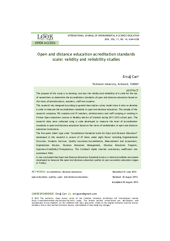 (PDF) Open and Distance Education Accreditation Standards Scale: Validity and Reliability Studies