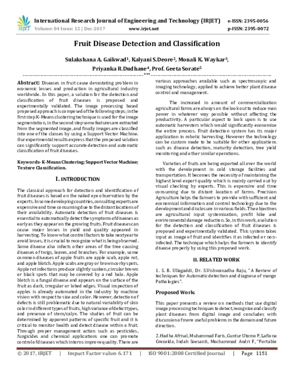 Pdf Fruit Disease Detection And Classification