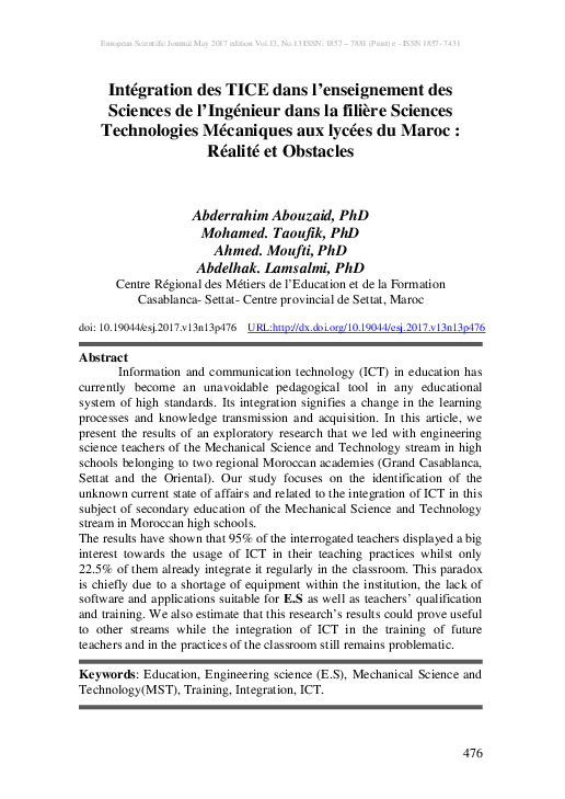 (PDF) Intégration des TICE dans l’enseignement des Sciences de l’Ingénieur dans la filière ...