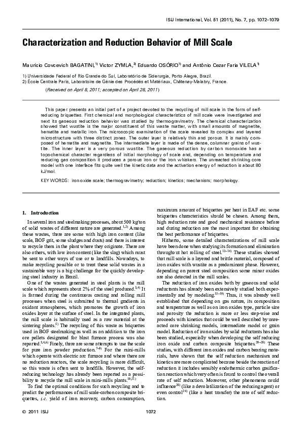 (PDF) Characterization and Reduction Behavior of Mill Scale