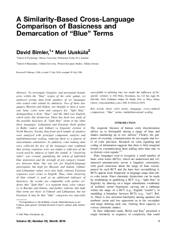 Pdf A Similarity Based Cross Language Comparison Of Basicness And Demarcation Of Blue” Terms