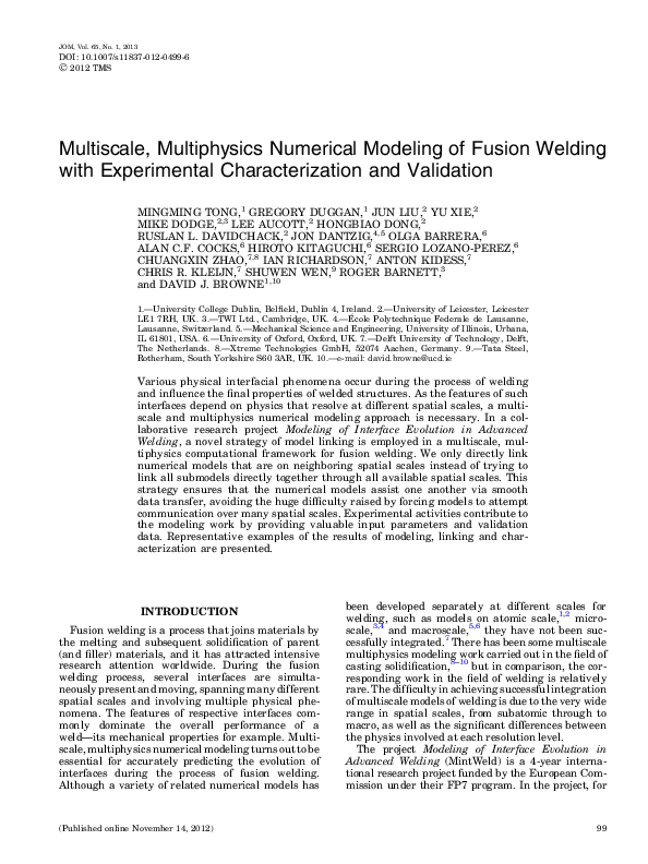 (PDF) Multiscale, Multiphysics Numerical Modeling of Fusion Welding ...