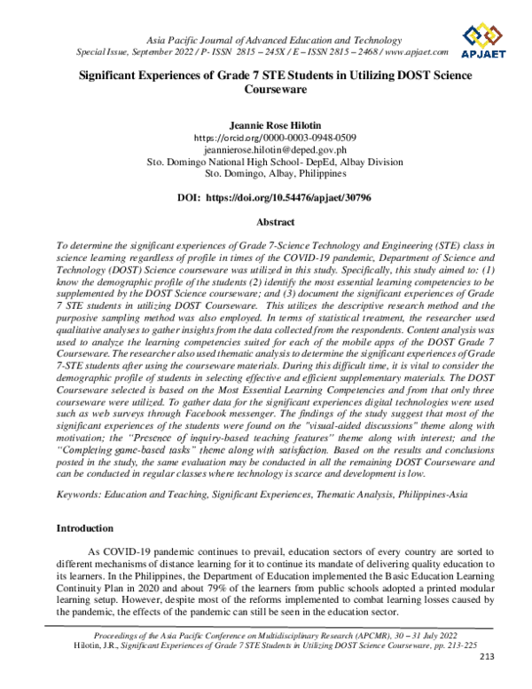 (PDF) Significant Experiences of Grade 7 STE Students in Utilizing DOST ...