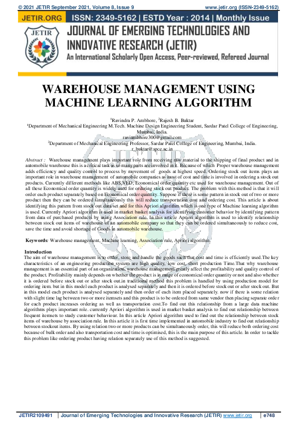 (PDF) Warehouse Management Using Machine Learning Algorithm