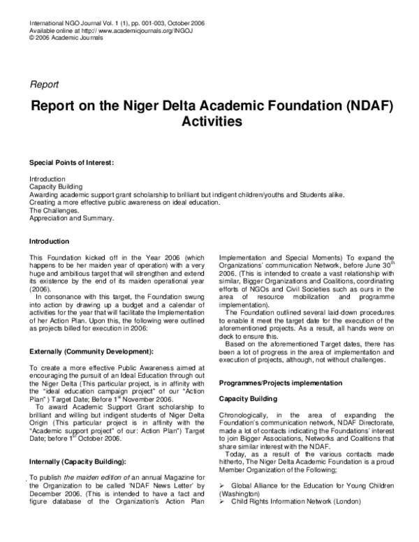 (PDF) Report on the Niger Delta Academic Foundation (NDAF) Activities