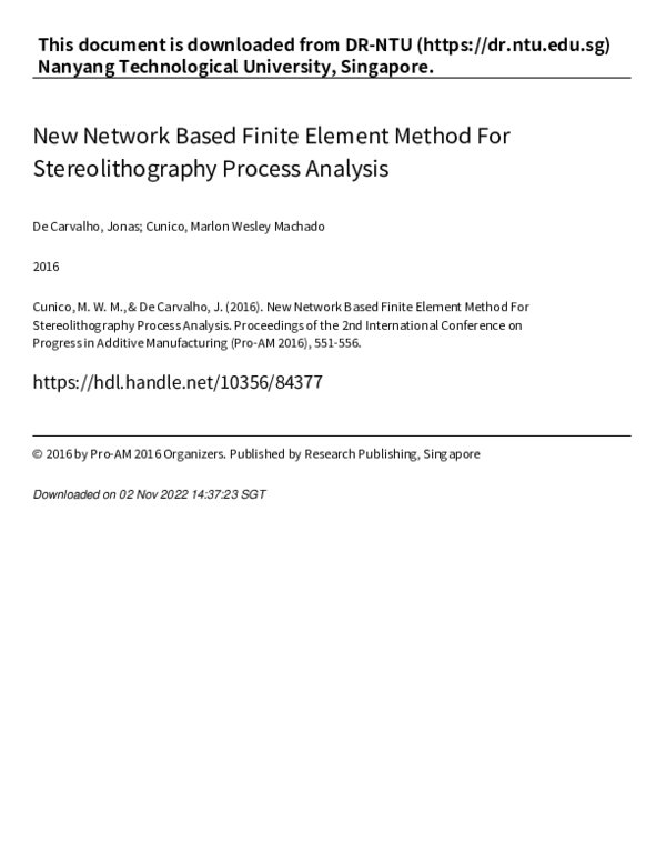 (PDF) New Network Based Finite Element Method For Stereolithography Process Analysis