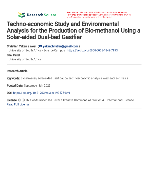 (PDF) Techno-economic Study and Environmental Analysis for the ...
