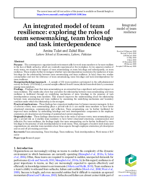 (PDF) An integrated model of team resilience: exploring the roles of team sensemaking, team ...