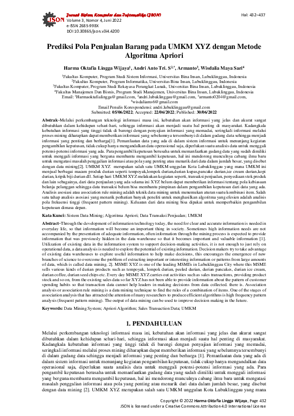 (PDF) Prediksi Pola Penjualan Barang pada UMKM XYZ dengan Metode ...