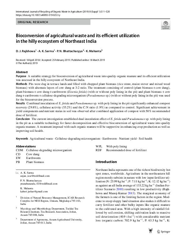 (PDF) Bioconversion of agricultural waste and its efficient utilization in the hilly ecosystem ...