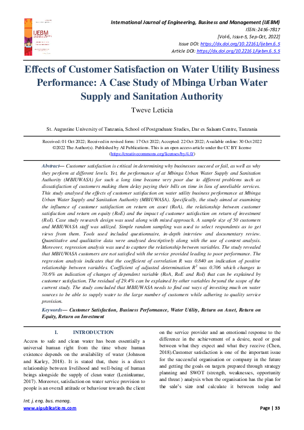 (PDF) Effects of Customer Satisfaction on Water Utility Business ...