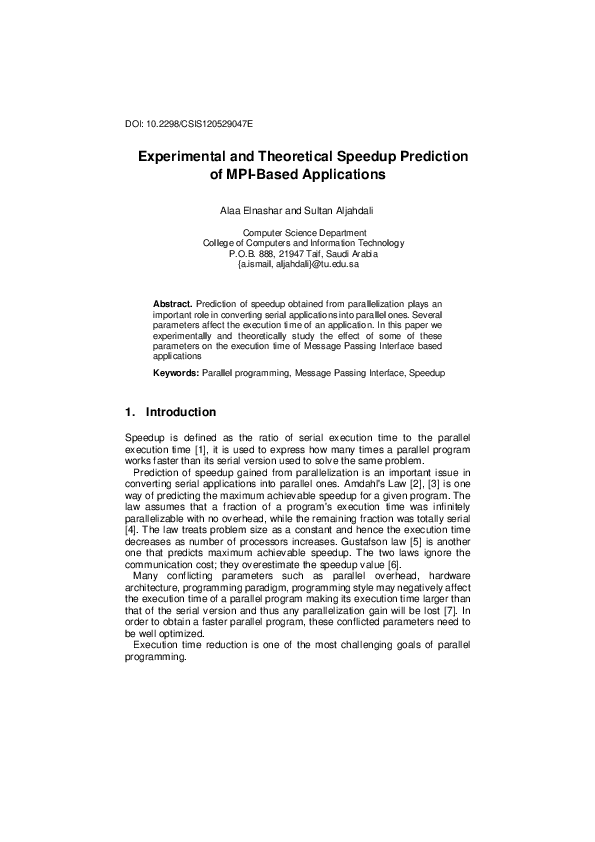 (PDF) DOI: 10.2298/CSIS120529047E Experimental and Theoretical Speedup Prediction of MPI-Based ...