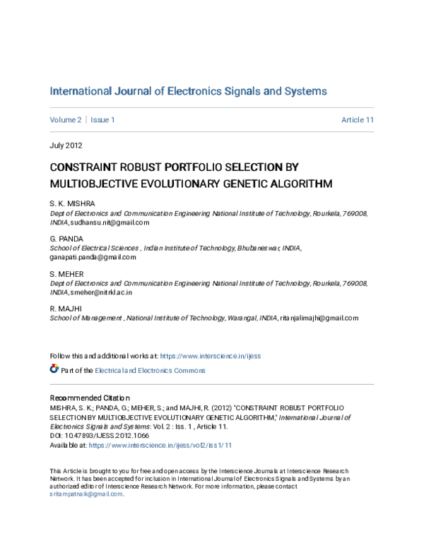 Pdf Constraint Robust Portfolio Selection By Multiobjective Evolutionary Genetic Algorithm