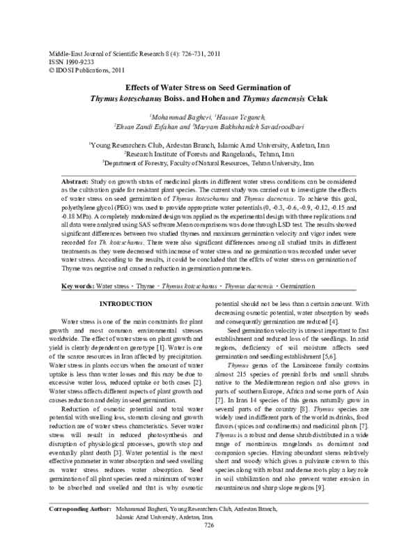 (PDF) Effects of Water Stress on Seed Germination of Thymus koteschanus ...